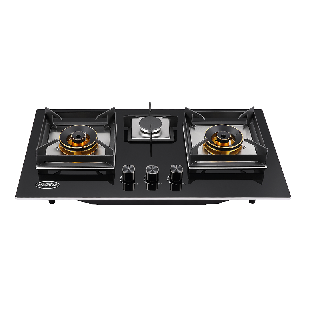 Fischer FBH-G78-3CB Kitchen Hob 3 Burner Tempered Glass Brass Burners ...