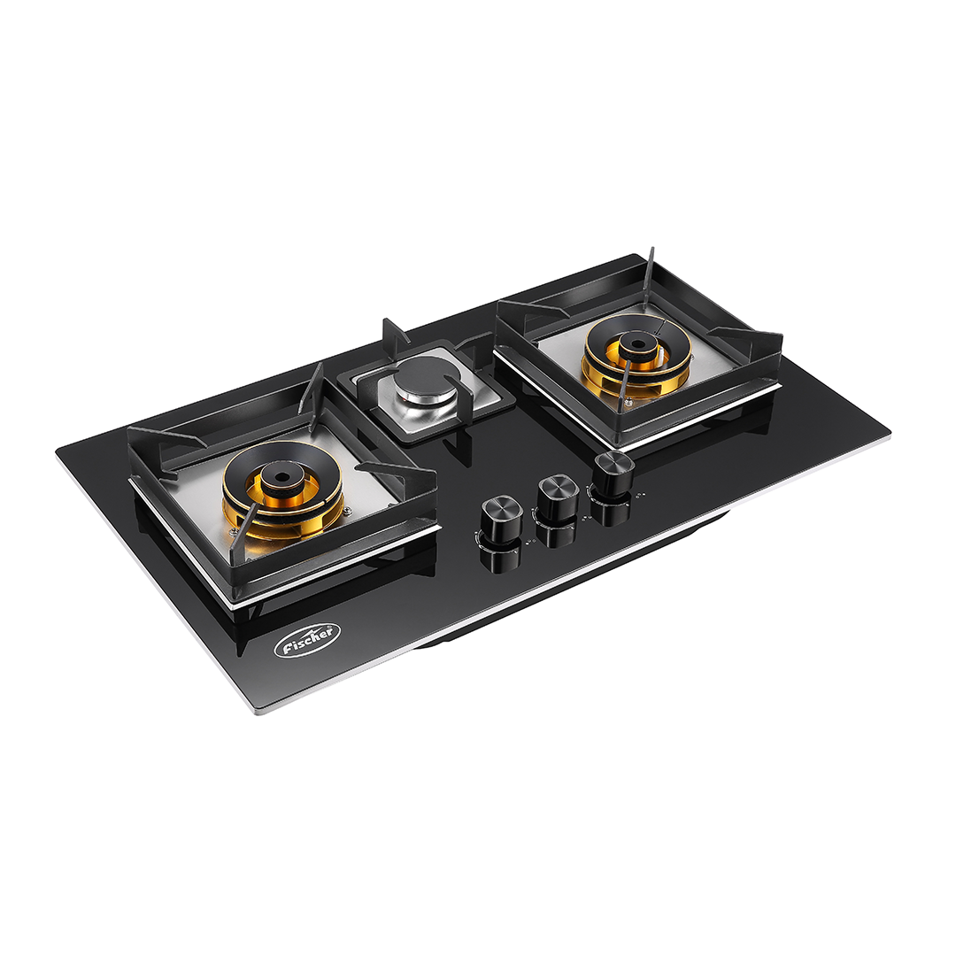 Fischer FBH-G78-3CB Kitchen Hob 3 Burner Tempered Glass Brass Burners ...